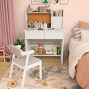 Vhger White Kids Desk and Chair Set, Childrens Computer Desk with Drawers and Storage Shelf, Kids Study Desk and Chair Set for 3-12 Years Old Kids