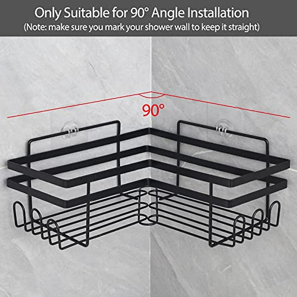 Corner Shower Caddy Adhesive Shower Organizer Corner No Drilling Shower Caddy Bathroom Wall Mounted Bathroom Storage Rack with Hooks 3 Pack (Black)