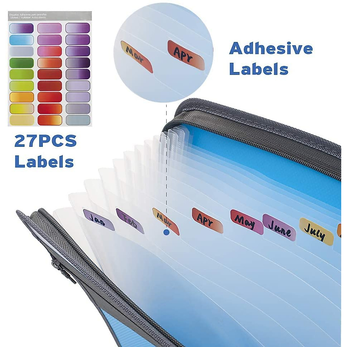 Sooez Expanding File Folder with Sticky Labels, 13 Pocket Accordion File Folder Document Organizer Expanding Zip File Folder with Zipper Closure, Letter A4 Paper Document Accordion Folder, Blue