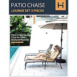 HAPPATIO Patio Chaise Lounge Set 3 Pieces,Patio Lounge Chair with Glass Coffee Table,Pool Lounge Chair with Breathable Textilene Fabric,Patio Chaise Lounge Chair for Patio Backyard Poolside(Gray)