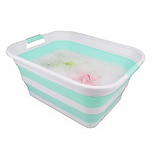 SAMMART 42L Collapsible Plastic Laundry Basket - Foldable Pop Up Storage Container / Organizer - Portable Washing Tub - Space Saving Hamper / Basket (White/Light Green (Set of 2))