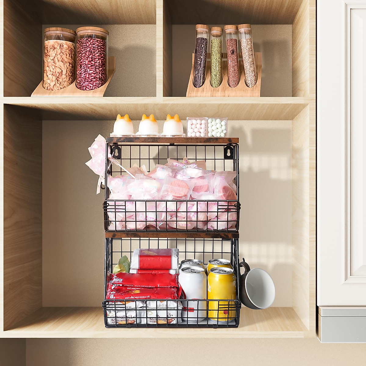 Mefirt 2pcs Fruit Basket Onion Storage Wire Baskets with Wood Lid, Stackable Wall-mounted & Countertop Tiered Kitchen Counter Organizer for Snack, Fruit and Vegetable Storage, 11.8 * 7.9 * 8.5 Inches