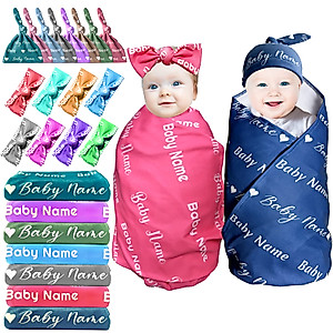 Personalized Baby Blankets for Boys Girls Custom Name Receiving Swaddles Blankets with Opt. Beanie Hat and Bow Headband Set Customized Baby Gifts for Newborn Girls Boys
