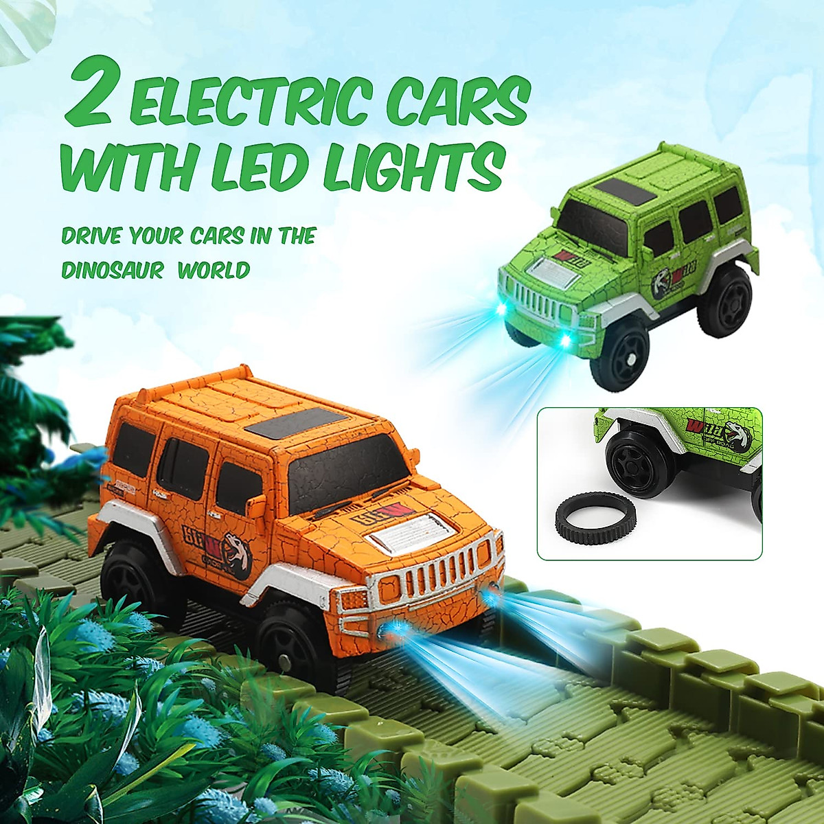 EagleStone 194 Pcs Dinosaur Race Car Tracks Set for Kids,Flexible Train Tracks to Create A Dino World Road with Bridge,2 Electric Cars with LED Light,Best Gift for Toddlers Boys and Girls