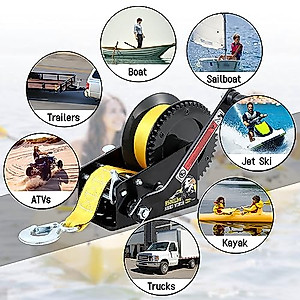 BeckTour Boat Trailer Winch, 3500Lbs Hand Winch with 33 FT Strap with Hook, 2 Way Ratchet, 4:1/8:1 Gear Ratio, Boat Winch for Trailers, Truck ATV