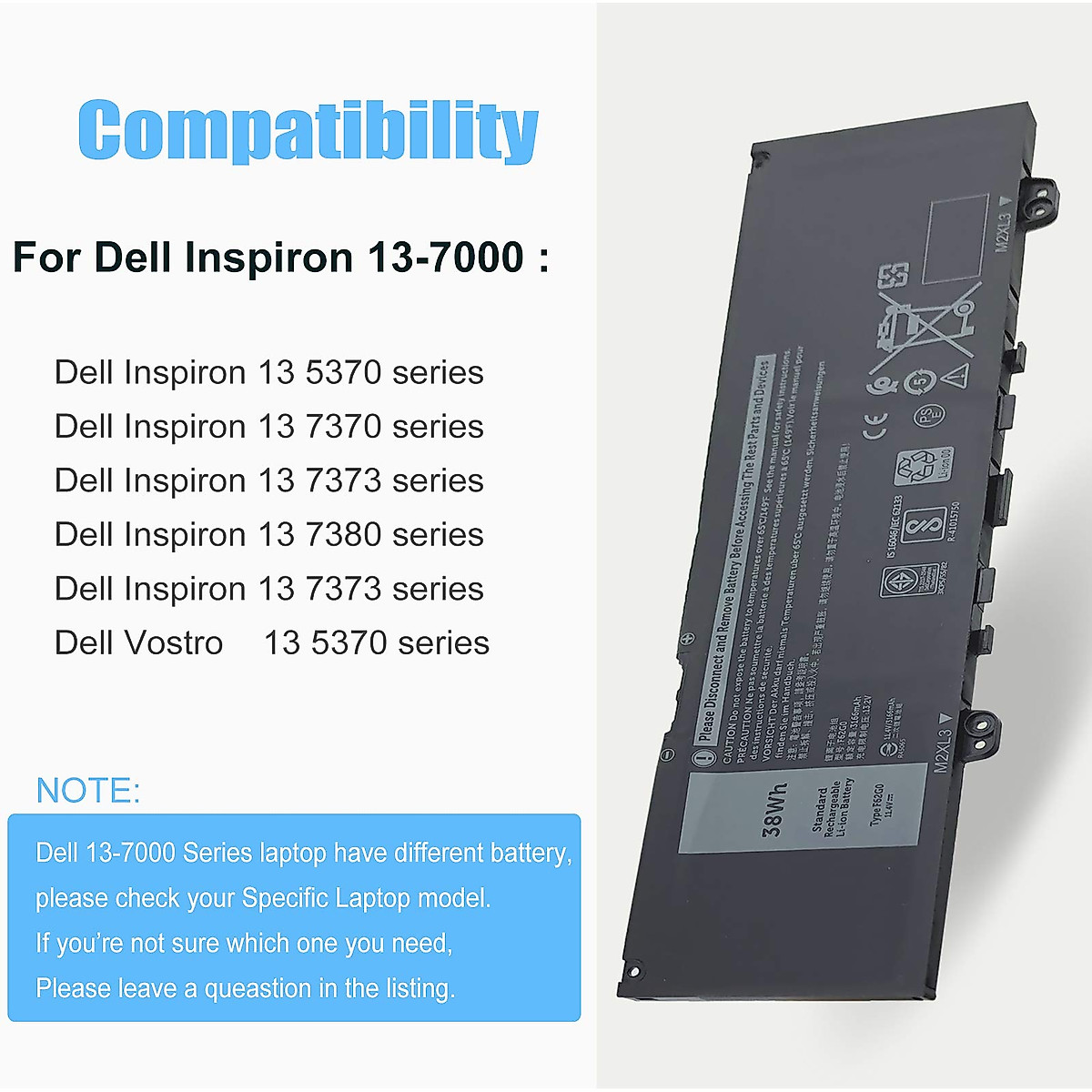 NATNO F62G0 Laptop Battery Replacement for Dell Inspiron 13 7000 2-in-1 7373 7370 7380 7386 5370 P83G P83G001 F62GO RPJC3 0RPJC3 39DY5 039DY5 [11.4V 38Wh 3166mAh]