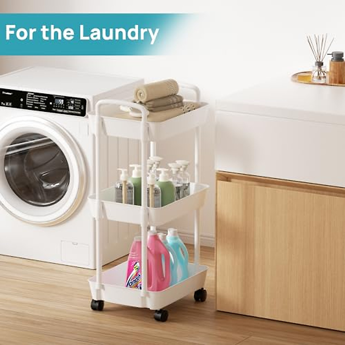 Vtopmart 3 Tier Rolling Cart with Wheels, Detachable Utility Storage Cart with Handle and Lockable Wheels, Storage Basket Organizer Shelves, Easy Assemble for Bathroom, Kitchen, White