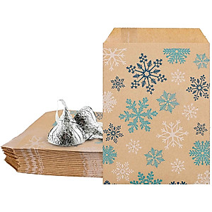 Whaline 100 Pack Winter Christmas Treat Bags Blue White Snowflakes Prints Goodies Snack Gift Bags Christmas Kraft Candy Buffet Paper Bags for Xmas Winter Holiday Party Favor Supplies, 5 x 7Inch