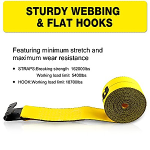Autofonder Winch Straps 4" x 30' Yellow Heavy Duty Tie Down Flat Hooks WLL 5400 lbs | 4 Inch Cargo Control for Flatbed Truck Utility Trailer (10 Pack)
