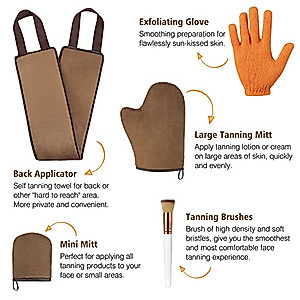 Luxspire 5 Piece Self Tanning Mitt Applicator Kit, Soft Tanner Mitt Set with Exfoliating Glove, Back Lotion Applicator, Face Makeup Brush, Mini Finger Face Self Tanner Mitt for Lotions, Mousses,Creams