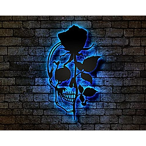 Skull With Rose Metal Wall Art With LED Lights, Flower Skull Signs, Sugar Skull, Skeleton Decor, Halloween Gothic Decor, Skull Roses Decor