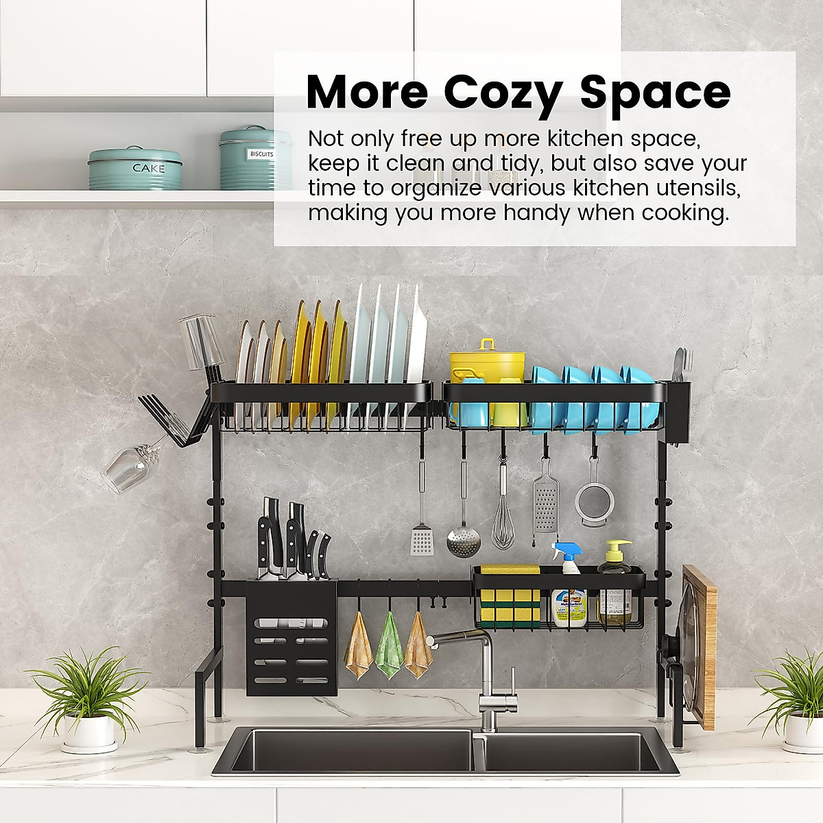 MERRYBOX Over The Sink Dish Drying Rack, 2-Tier Adjustable Length (25.6-33.5in), Stainless Steel Dish Drainer with Cutting Board Holder, Large Dish Rack for Kitchen Counter Organizer Space Saver