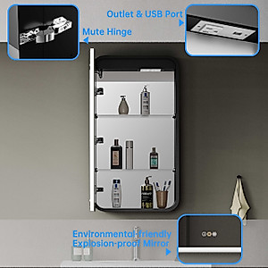 tunuo 20”W x 36”H Medicine Cabinets for Bathroom with LED Mirror, Black Round Corner Surface Mounted Medicine Cabinets with Defogger, Dimmer, Outlets & USB, Single Door