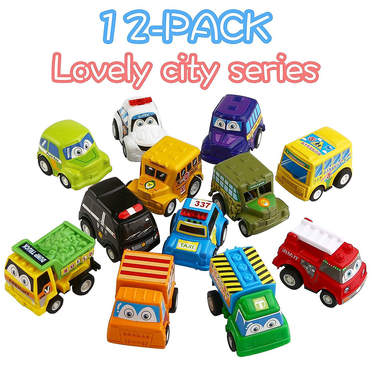 Funcorn Toys Pull Back Car, 12 Pack Assorted Mini Plastic Vehicle Set, Pull Back Truck and Car Toys for Boys Kids Toddler Party Favors,Die Cast Car Toy Play Set