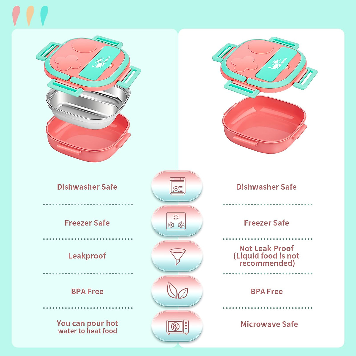 PEDECO Small Stainless Steel Kid Bento Box,Leak-Proof,2-Compartment,Lunch Box with Portable Cutlery-Ideal Portion Size for Kids/Toddler-BPA-Free(Pink)