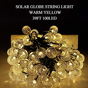 Solar Globe String Light 100 LED 39FT Outdoor Patio Lights , Waterproof & 8 Modes for Christmas,Halloween,Yard Party, Garden,Wedding,Home (Warm Yellow)