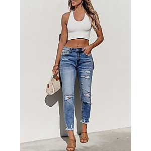 Sidefeel Women's Distressed Raw Hem Boyfriend Jeans Ripped Straight Leg Denim Pants Sky Blue Size 16