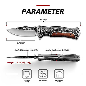 ohmonlyhoo Folding Knife,3.7 inch Pocket Knife with Deer Pattern Rosewood Handle,EDC Knife with Pocket Clip and 7Cr13Mov Blade, for Men and Women, for Outdoor