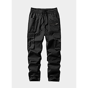 JMIERR Men Casual Cargo Pants Elastic Waist Drawstring Tactical Pant Lightwight Hiking Joggers Pants Loose Fit with Multi Pockets, US 34(M), 1 Black