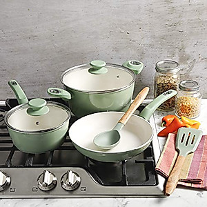 Gibson Home Plaze Café' Forged Aluminum Non-stick Ceramic Cookware with Induction Base and Soft Touch Bakelite Handle, 7-Piece Set, Mint Green