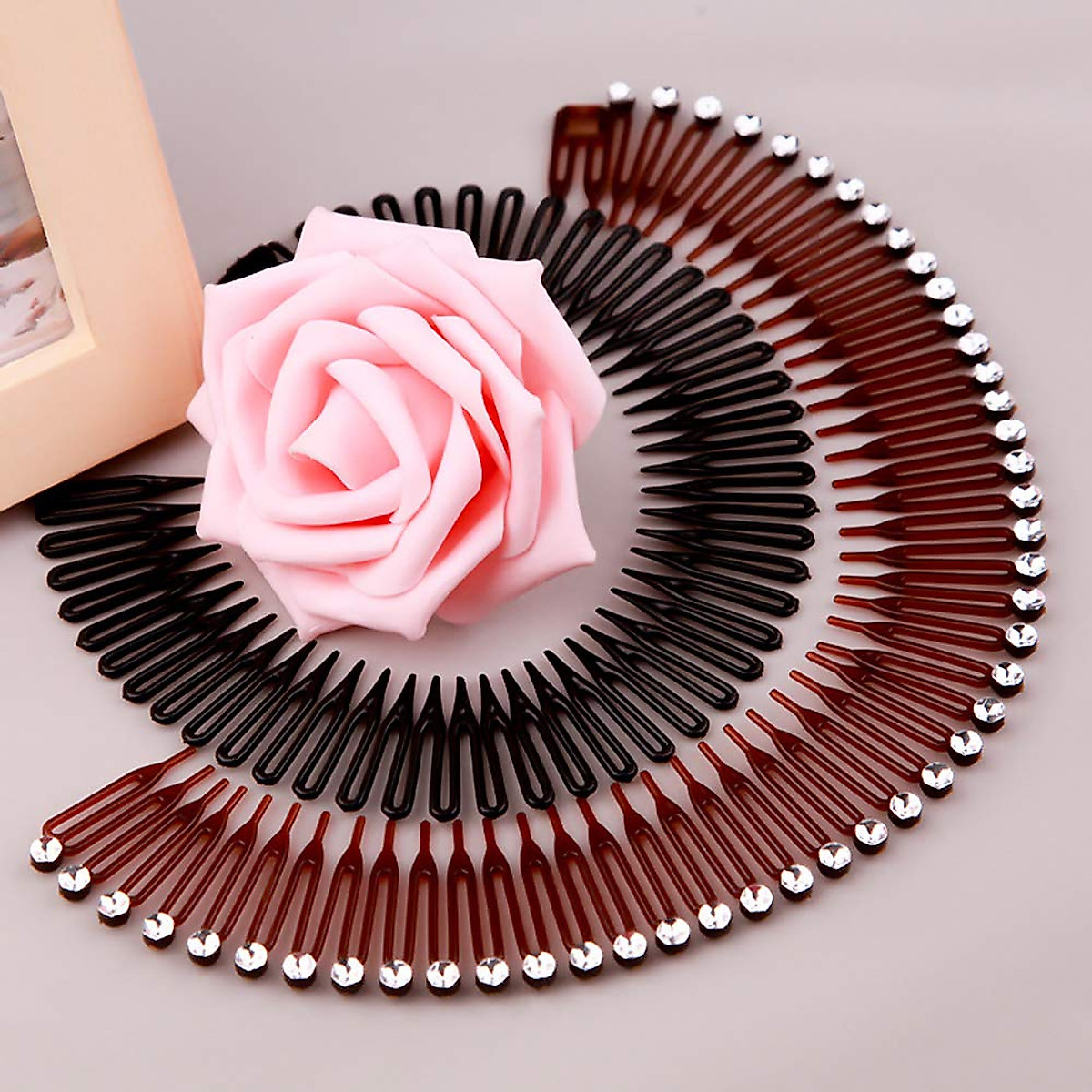 8Pcs Full Circle Spring Head Band Comb Plastic Flexible Hair Combs Headbands with Deep Teeth and Closure (4 Black + 4 Brown)