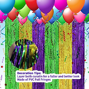 2 Pack 3.2ft x 9.8ft Mardi Gras Metallic Foil Fringe Curtain, Purple Green Gold Tinsel Curtains Streamers Party Photo Booth Props Backdrop for Mardi Gras Themed Party, St. Patrick's Day