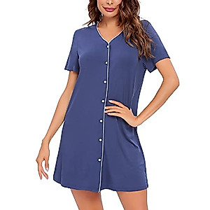 SWOMOG Women's Button Down Nightgown Short Sleeve Nightshirt V-Neck Sleepwear Boyfriend Sleepshirt Pajama Dress