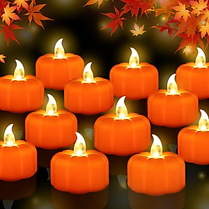 Pumpkin Tea Lights Fall Decorations, 12 Pack LED Orange Pumpkin Lights Flameless Candles Battery Operated, Halloween Thanksgiving Flickering Tealight Candle for Home Table Indoor Party Decor