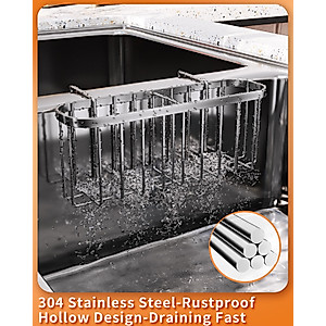 SWTYMIKI Sponge Holder for Kitchen Sink with Partition, Movable Kitchen Sink Caddy with Compact Size Rustproof and Waterproof Hanging Sink Sponge Caddy for Double Bowl Sinks, Silver