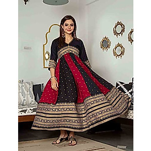 FIDOZA Women's Rayon Printed Anarkali Embroidery Kurti | Pakistani Style Rayon Printed Kurti For Women | Ready to wear (Black, XL)