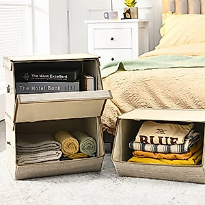 QTIQ Stackable Large Bins Cubes W/Lids Storage Organizers W/Linen&Oxford Fabric 4Sets