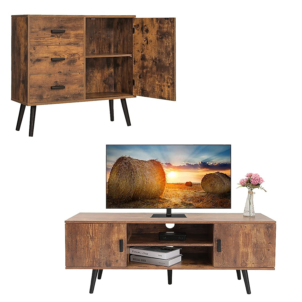 Iwell Modern TV Stand and Storage Cabinet Set, Bathroom Cabinet, Sideboard, Free Standing Cupboard, Entryway Cabinet for Living Room, Retro Home Media