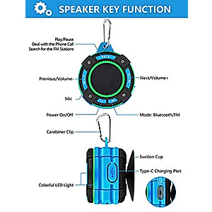 BassPal Bluetooth Speaker IPX7 Waterproof Shower Speakers Bluetooth Wireless Shower Radio with 10W 15 Hours Playtime, TWS, Loud Stereo Sound for Shower Hiking Camping (Blue)