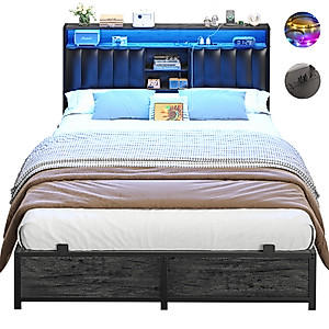 Aheaplus Full Bed Frame with Charging Station & Led Lights, Platform Bed with Leather Upholstered Headboard and Storage, Metal Slats Support, No Box Spring Needed, Noise-Free, Easy Assembly, Black Oak
