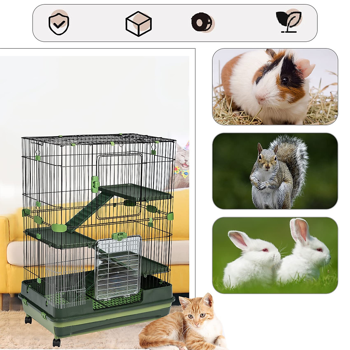 Gecheer 4-Tier 32" Small Animal Metal Cage Height Adjustable with Lockable Casters Grilles Pull-Out Tray for Rabbit Chinchilla Ferret Bunny Guinea Pig Squirrel Hedgehog Green