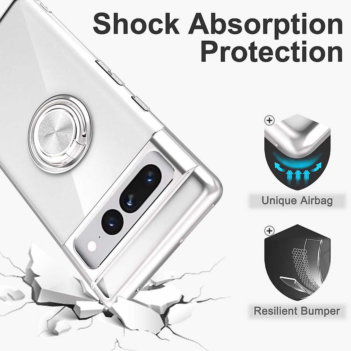 Tnarru Clear Compatible with Google Pixel 7 Pro Case with Magnetic Ring Holder Kickstand [Non-Yellowing] Transparent TPU Slim Thin Shockproof Protection Pixel 7 Pro Phone Case -Silver