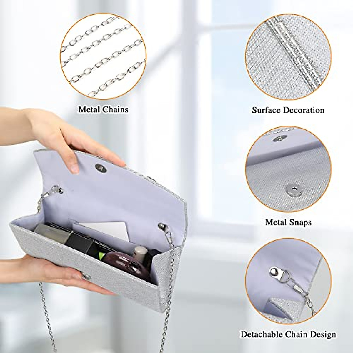 Pinprin Womens Evening Clutch Bag Ladies Envelope Handbag Prom Bridal Wedding Party Purse with Detachable Chain (C-Silver)