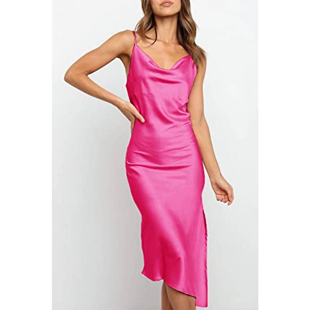 PRETTYGARDEN Women's Satin Dress Sleeveless Spaghetti Strap Side Slit Cowl Neck Midi Bodycon Dresses (Rose Red,Small)