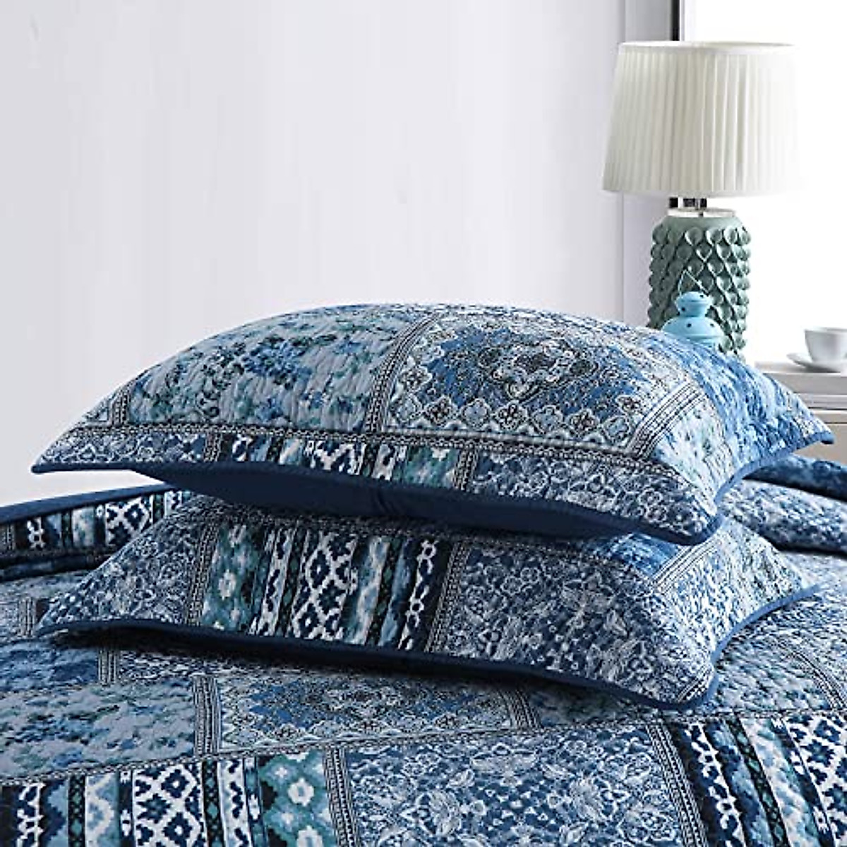 Blue Bohemain Bedspread King Quilt Set, 100% Cotton Coverlet King, Reversible Rustic Patchwork Printed Bedding Quilt Coverlet, 3 Pieces Boho Cotton Quilt Set for All Season King for Summer 94”x106“”