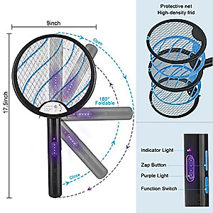 lanju Electric Fly Swatter Racket & Bug Zapper 4000V Mosquito Zapper Racket Indoor with Light Trap Fly Killer Foldable USB Rechargeable for Outdoor Home Office Backyard (1 Pack)