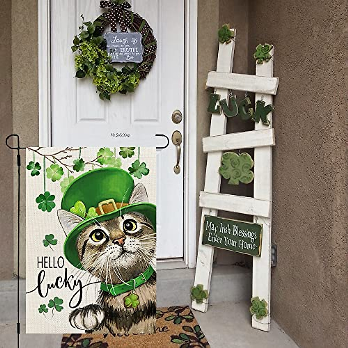 CROWNED BEAUTY St Patricks Day Cat Garden Flag 12x18 Inch Double Sided for Outside Small Hello Lucky Burlap Green Shamrocks Clovers Hat Yard Holiday Decoration