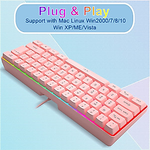 60% Wired Gaming Keyboard, RGB Backlit Ultra-Compact Mini Keyboard, Mechanical Feeling Membrane Mini Compact 61 Keys Keyboard for PC/Mac Gamer, Typist, Travel, Easy to Carry on Business Trip(Pink)