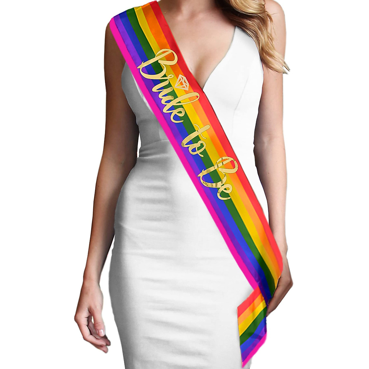 Rainbow Bride Gay Wedding Sash - Premium Bridal Grade Satin Metallic Gold Diamond Bride to Be Sash LGBTIQA+ Pride Lesbian Sash(DiaB2B Gld) RBW
