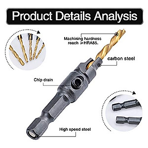 HOHXEN Titanium Coated Counter Bit Set Power Hand Drill Bit Tools Set Screw Hole Size Countersink Drill Bit Set with 1/4 Hex Shank Sets Countersink Drill Bits -5pcs
