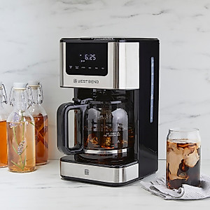 West Bend Drip Coffee Maker Brews Hot or Iced, Programmable with Brew Strength Selector Auto Shut-Off and 6 Functions Permanent Mesh Filter and Glass Carafe, 12-Cup, Metallic,Silver
