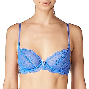 Undies.com Women's Microfiber Lace Unlined Underwire Balconette Bra, Cornflower, 38D