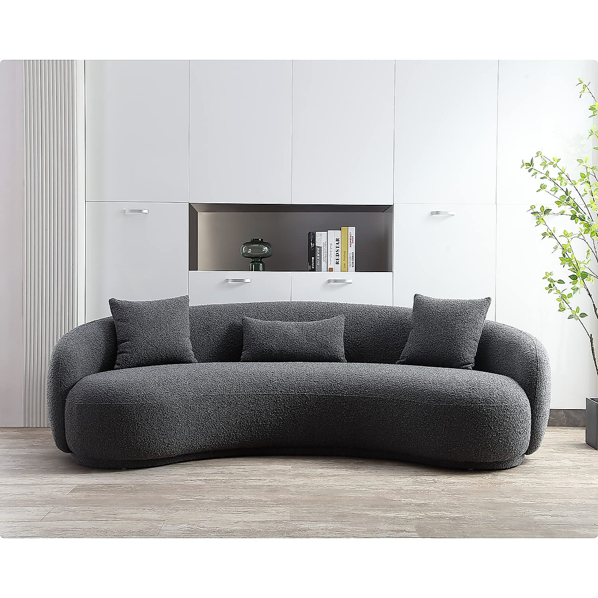 Acanva Mid Century Modern Curved Living Room Sofa, 4-Seat Boucle Fabric Couch for Bedroom, Office, Apartment, Grey