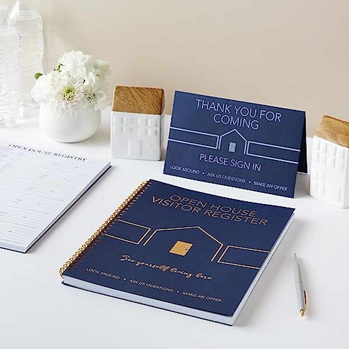 2 Pack Sign in Book for Open House Visitors, Guest Registry with 2 Pack Realtor Tent Cards for Real Estate Agent Supplies, Home Sale Business (Navy Blue, 8.5x11)