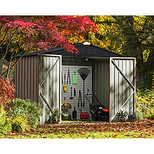 Greesum Metal Outdoor Storage Shed 8FT x 6FT, Steel Utility Tool Shed Storage House with Door & Lock, Metal Sheds Outdoor Storage for Backyard Garden Patio Lawn (8’x 6'), Brown