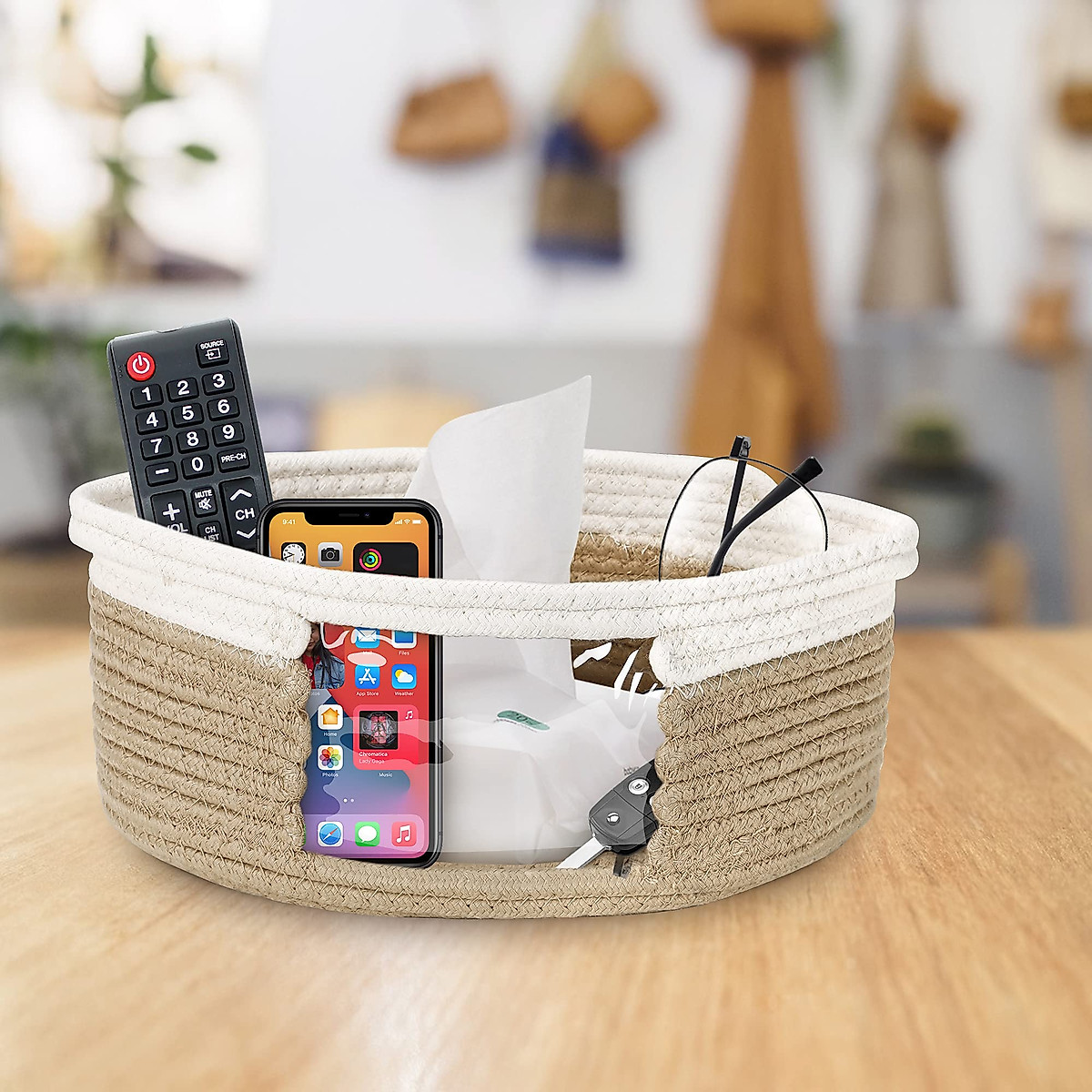 Zannaki Woven Storage Basket, 2 Pack Cotton Rope Baskets, Decorative Organizer Bins with Carry Handles Clear-View Window for Closet, Baby Nursery Blanket, Little Toy, Makeup, Books, Towels, Gadgets